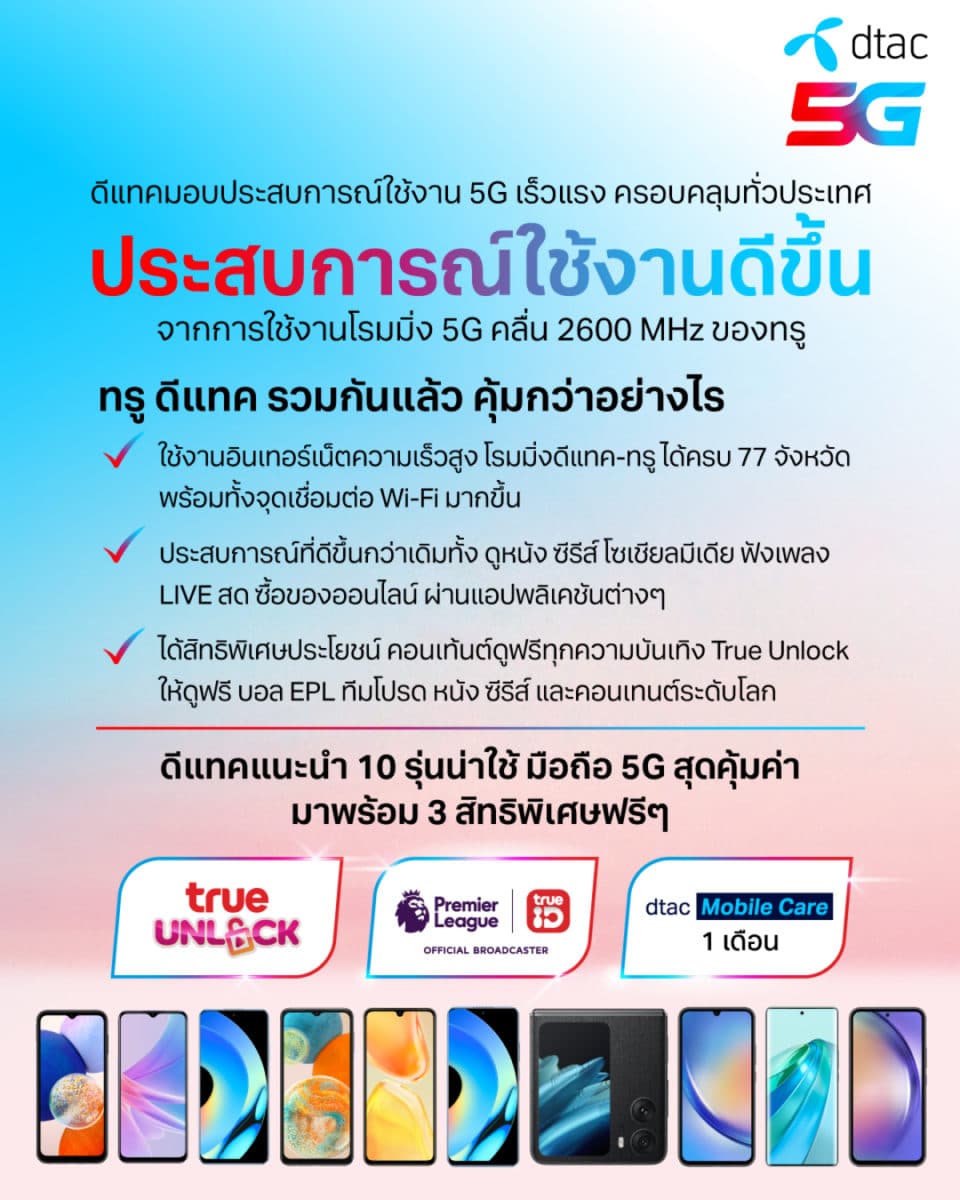 dtac ชี้เป้า สมาร์ทโฟน 5G ลดแรง แซงทุกโปร เพียงย้ายค่ายอยู่กับดีแทคเพื่อชีวิตที่ดีกว่า